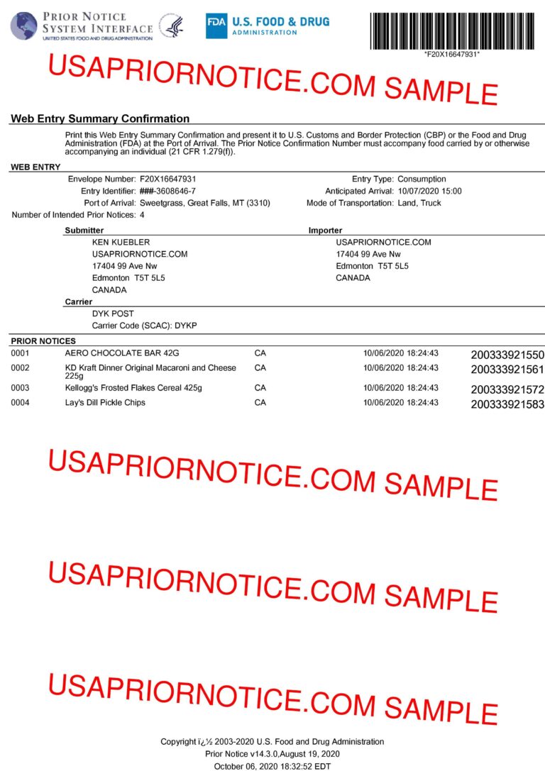 Sample Credit Usage - FDA Prior Notice Submission Service for importing ...