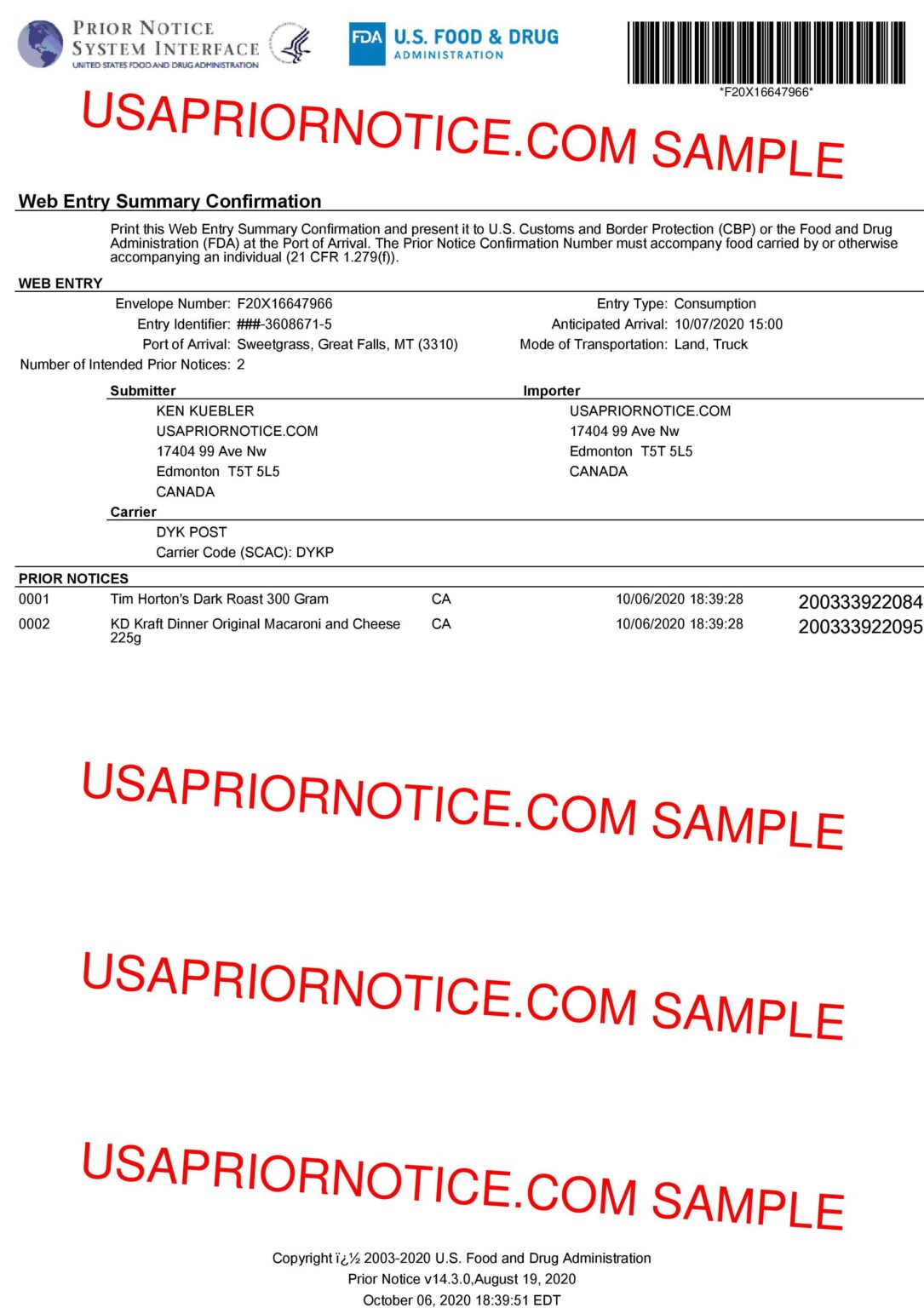 Sample FDA Prior Notices – FDA Prior Notice Submission Service for ...