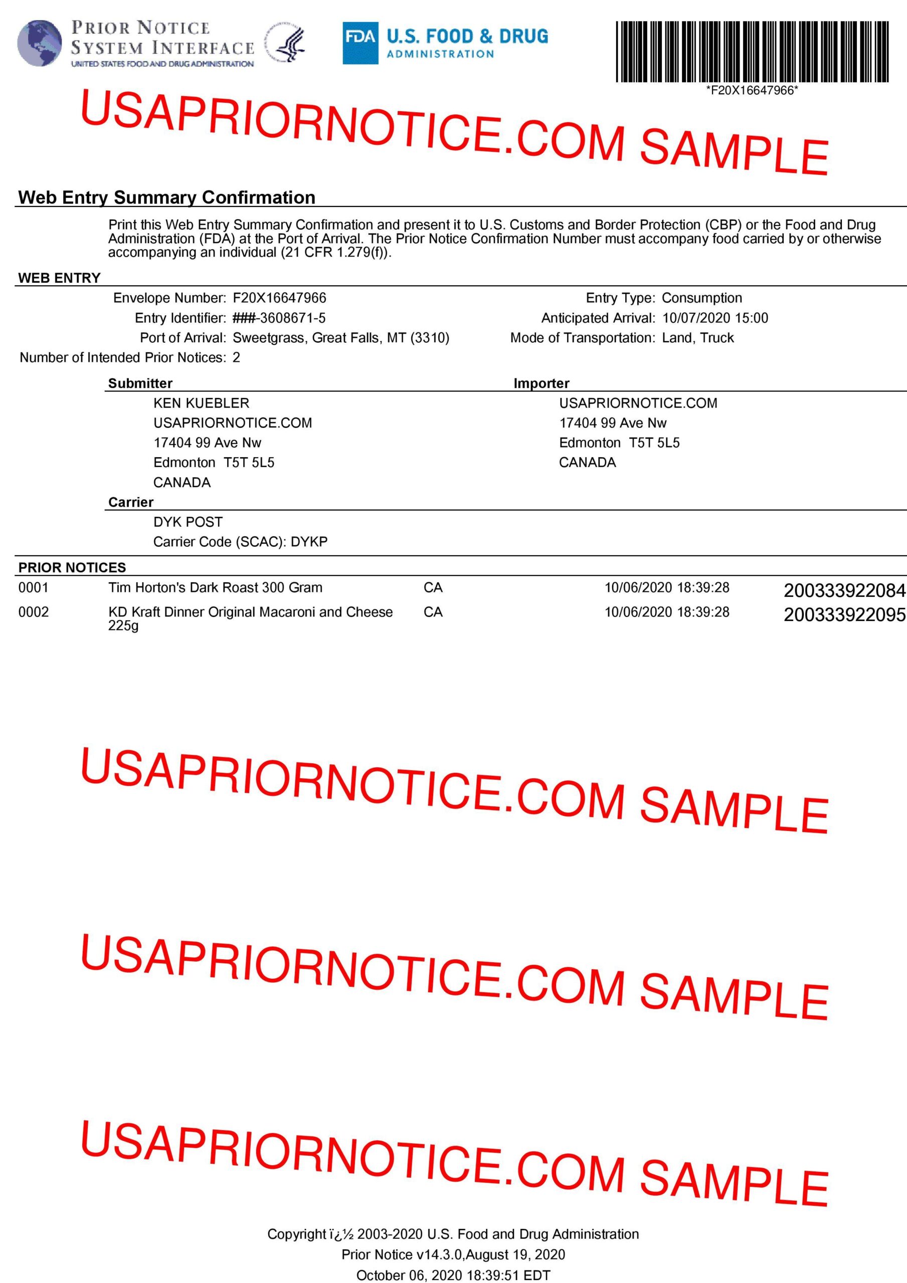 Sample FDA Prior Notices – FDA Prior Notice Submission Service for ...
